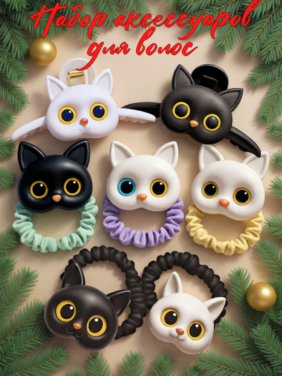 Набор аксессуаров для волос "Новогодние кошечки" Mirror "Mira", 7 шт, для девочек