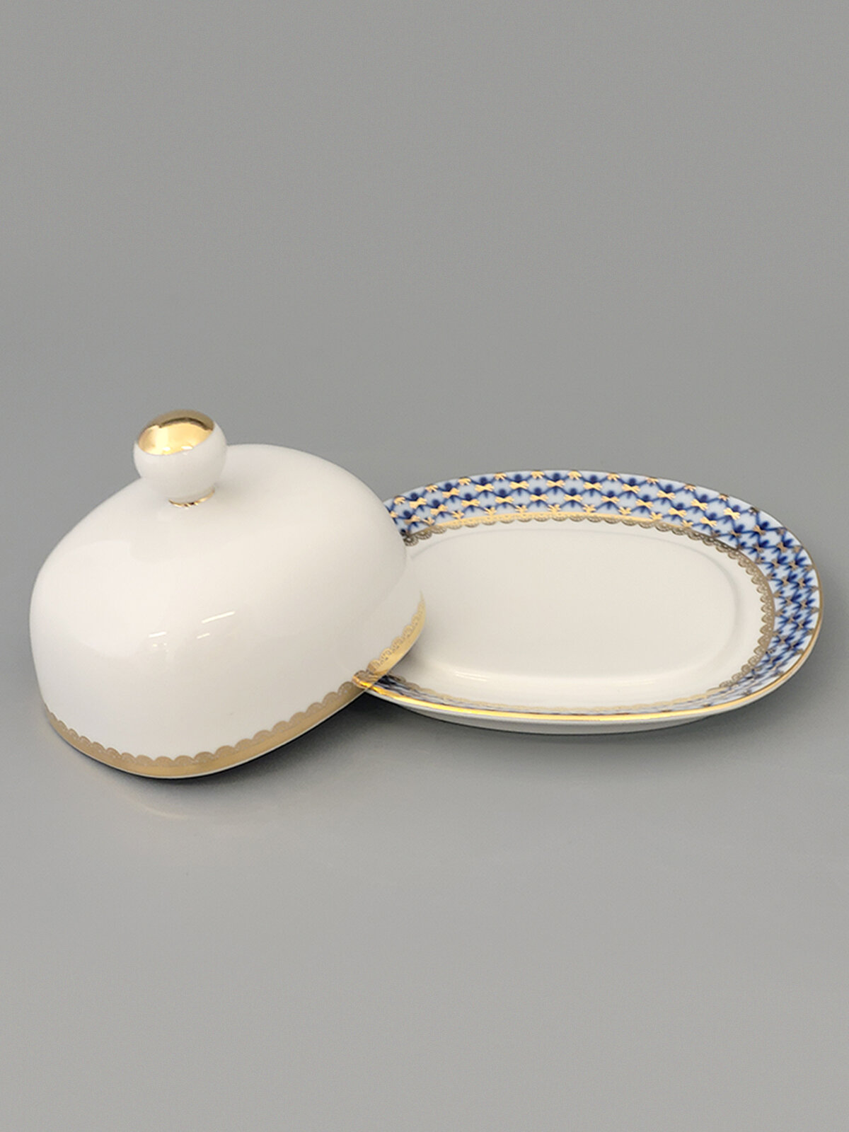 Масленка "Кобальтовая сетка", форма прямоугольная, Императорский фарфоровый завод