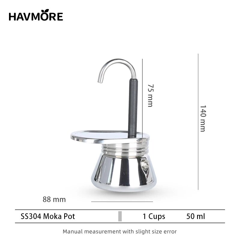 HAVMORE Moka Pot из нержавеющей стали, 1 Cup, 50 мл