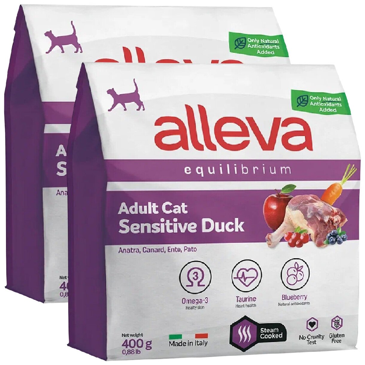 ALLEVA EQUILIBRIUM ADULT CAT SENSITIVE DUCK для взрослых кошек с чувствительным пищеварением с уткой (0,4 + 0,4 кг)