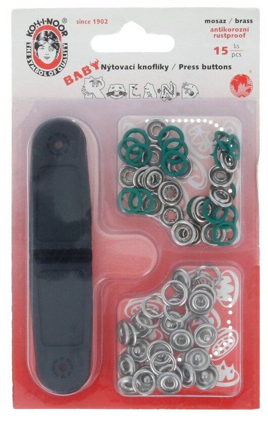 Кнопки "KOH-I-NOOR" 16 (1213-030 №2) рубашечные "Baby" металл цветные d 9.7 мм 15 шт. 983 зеленый