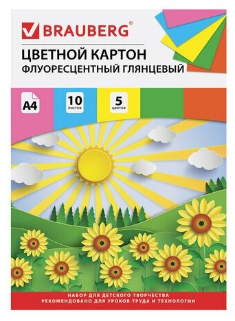 Картон цветной А4 мелованный (глянцевый), флуоресцентный, 10 листов 5 цветов, в папке, BRAUBERG, 200х290 мм, "Лето", 129918