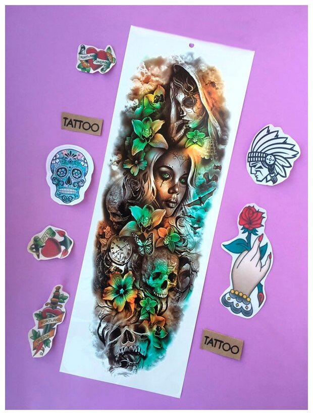 Тату рукав "Девушки и череп" (Цв: Разноцветный )