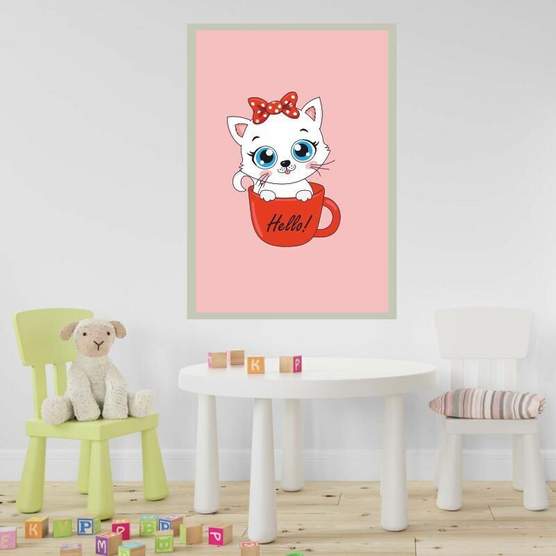 Постер для интерьера Котенок В Чашке на стену для детской вертикальный 30х40 см в тубусе ПолиЦентр