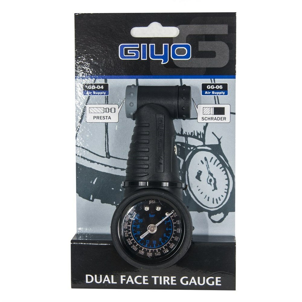 Манометр GIYO GG-04, две шкалы для давлений до 100/300 psi, с кнопкой точной регулировки давления, для авто и вело ниппелей А/V, F/V.