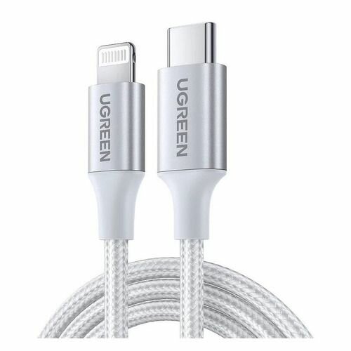 Кабель UGREEN US304, Lightning (m) - USB Type-C (m), 2м, MFI, в оплетке, 3A, серебристый [70525]
