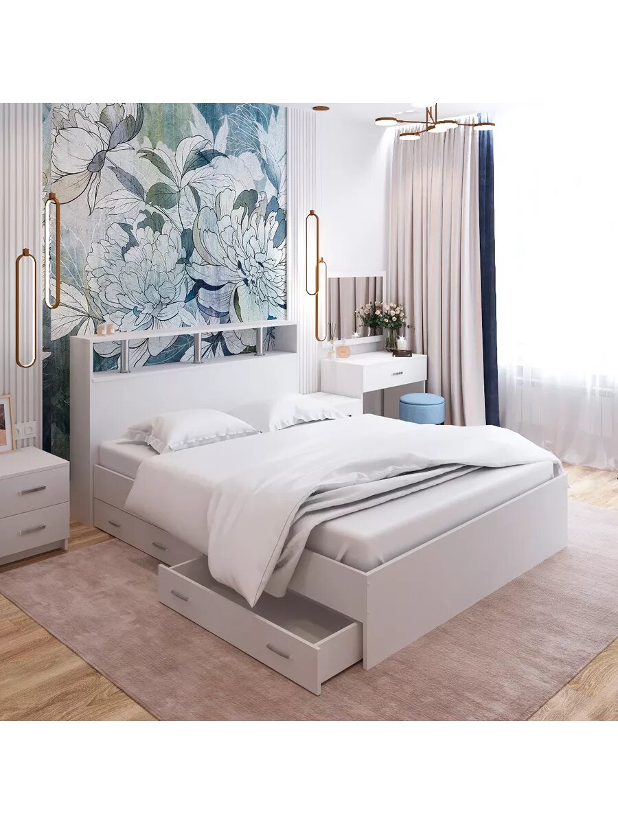 Кровать двуспальная КМК, с ящиками, 160x200х см, каркас из ЛДСП, белая