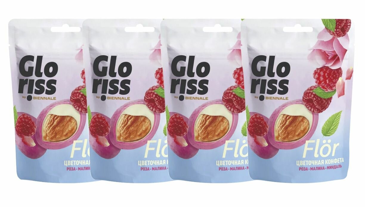 Конфеты цветочные GLORISS FLOR малина - роза - миндаль, 65г х 4шт