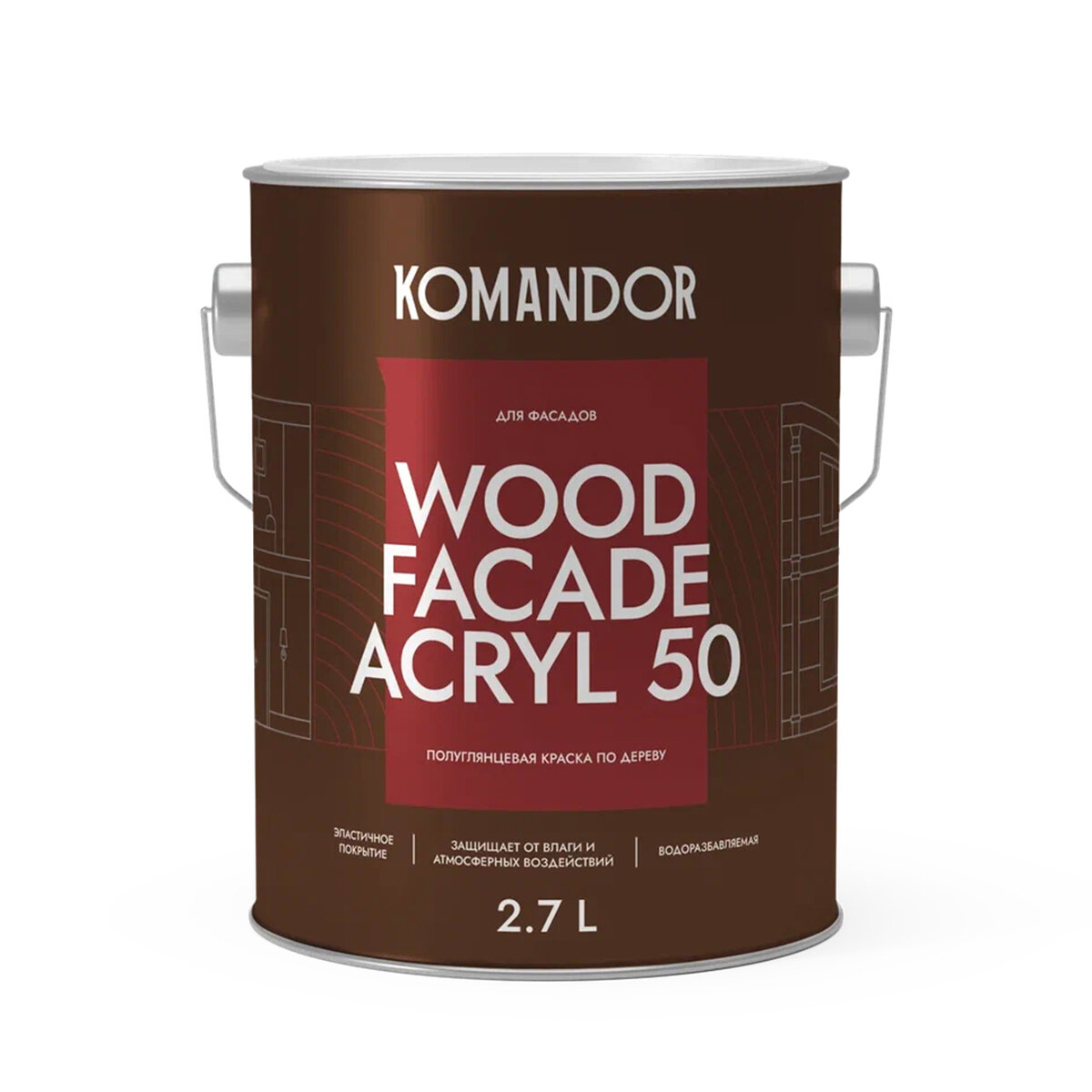Краска для деревянных фасадов Komandor Wood Facade Acryl 50, полуглянцевая, база А, белая, 2,7 л