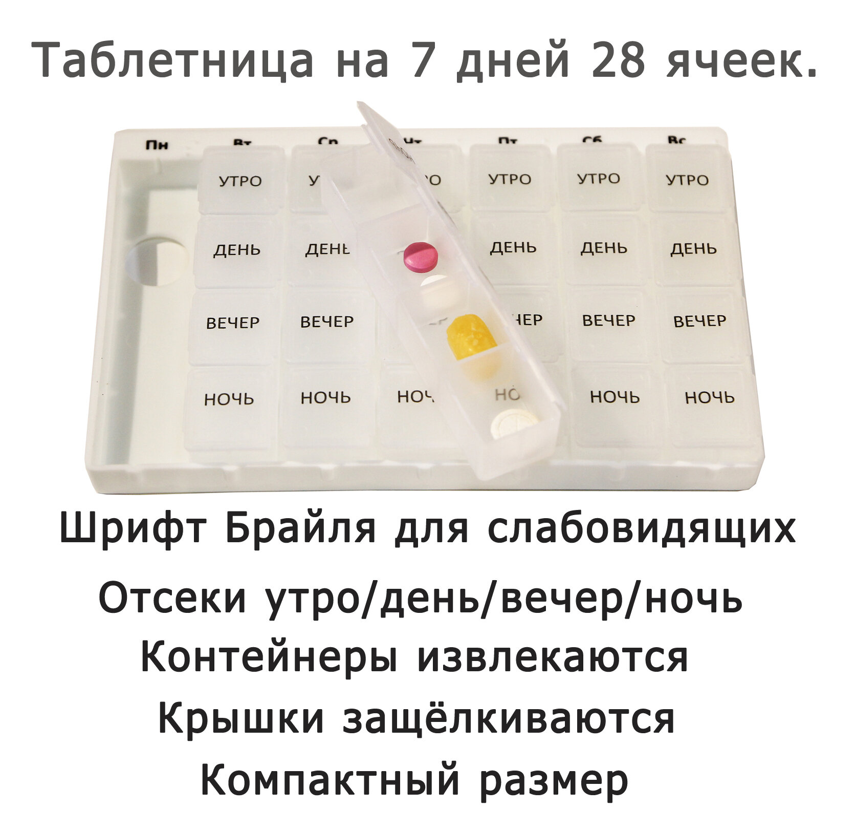 Таблетница на неделю утро, день, вечер, ночь / Контейнер на неделю для хранения таблеток и лекарств