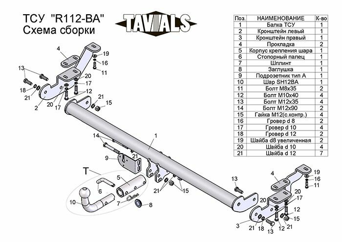 Фаркоп(прицепное) Tavials для RENAULT KANGOO 2 (2008-2013) (С быстросъемным шаром)(паспорт и сертификат в комплекте)(без электрики)T-R112-BA