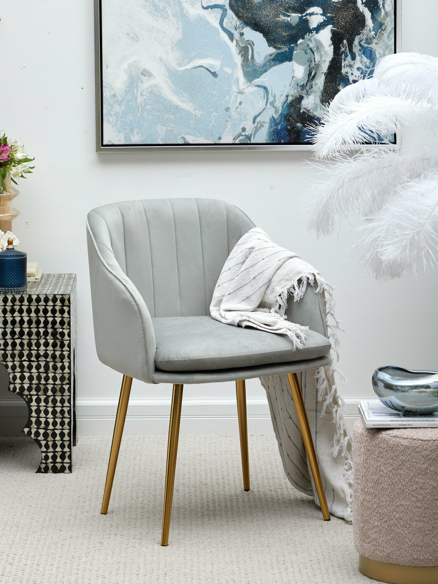 51-080 Кресло 55х56х78см, металл, полиуретан, велюр, серый, Glasar