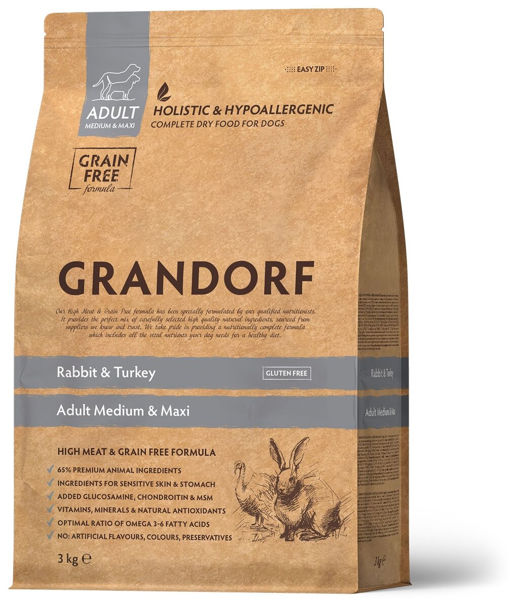 Сухой корм для собак Grandorf беззерновой Кролик с индейкой 1 уп. х 1 шт. х 3000 г