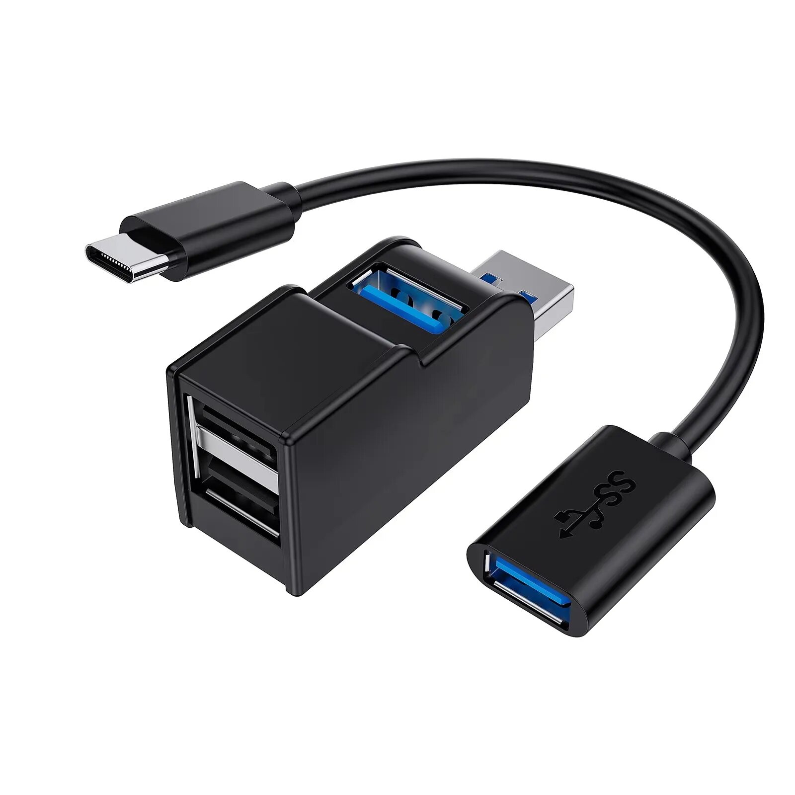 Мини-концентратор USB 3,0 с кабелем, док-станция с 3 портами, концентратор 2,0 для быстрой передачи данных, USB-разветвитель для компьютера, ноутбука, автомобильного принтера Black with Cable