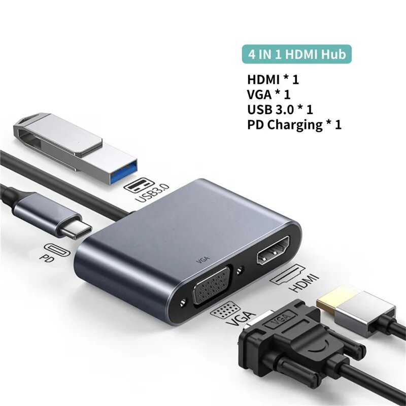 Kebidu многопортовый адаптер USB C к HDMI VGA 4K 1080P для MacBook 4 IN 1