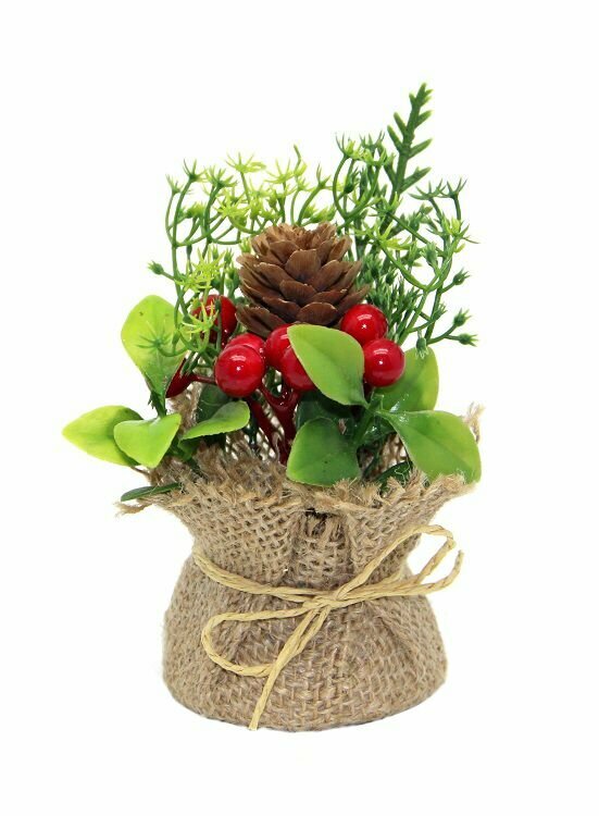 Декоративный букетик Рукоделие с шишкой и ягодами, диаметр корзинки 6 см, высота 13,5 см