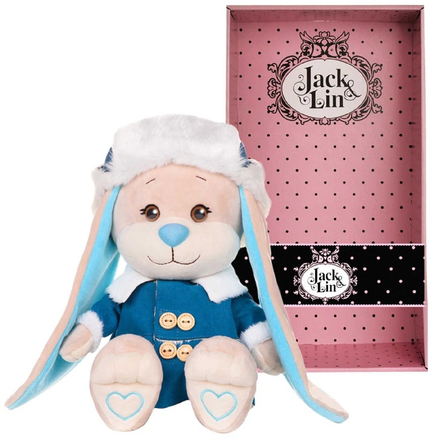 Мягкая игрушка JL-051930-25 Jack&Lin "Зайка Жак" в синей дубленке и шапке-ушанке, искусственный мех, 25 см