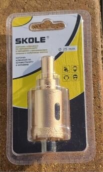 Коронка алмазная по керамограниту и керамике с центрирующим сверлом и имбусовым ключом 25мм Скол