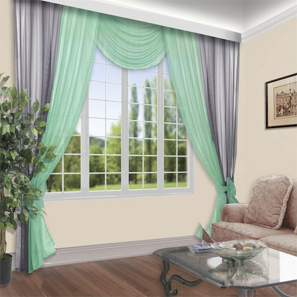Комплект легких штор с ламбрекеном, серый/мятный