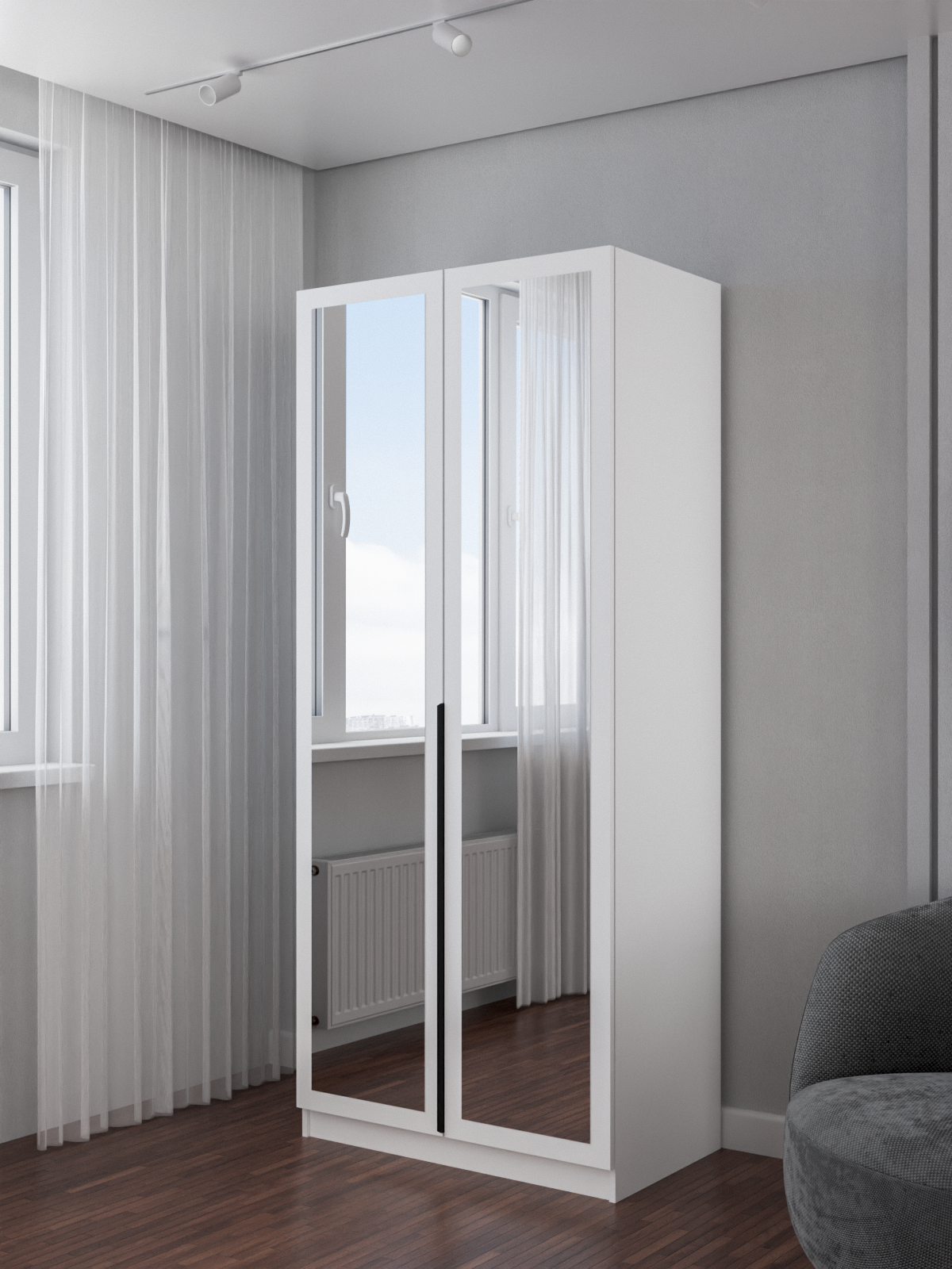 Шкаф распашной Орион Зеркало| Корпус ЛДСП Белый| Фасад ЛДСП Белый| Ручка черная