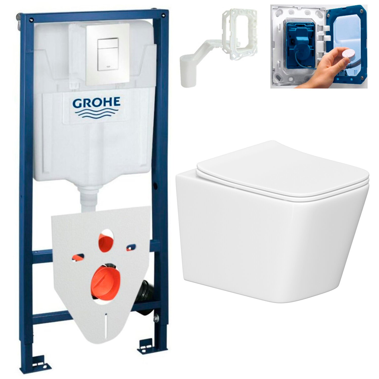 Инсталляция с унитазом комплект: унитаз Helmken 35120001, сиденье, инсталляция Grohe, шумоизоляция, диспенсер, кнопка