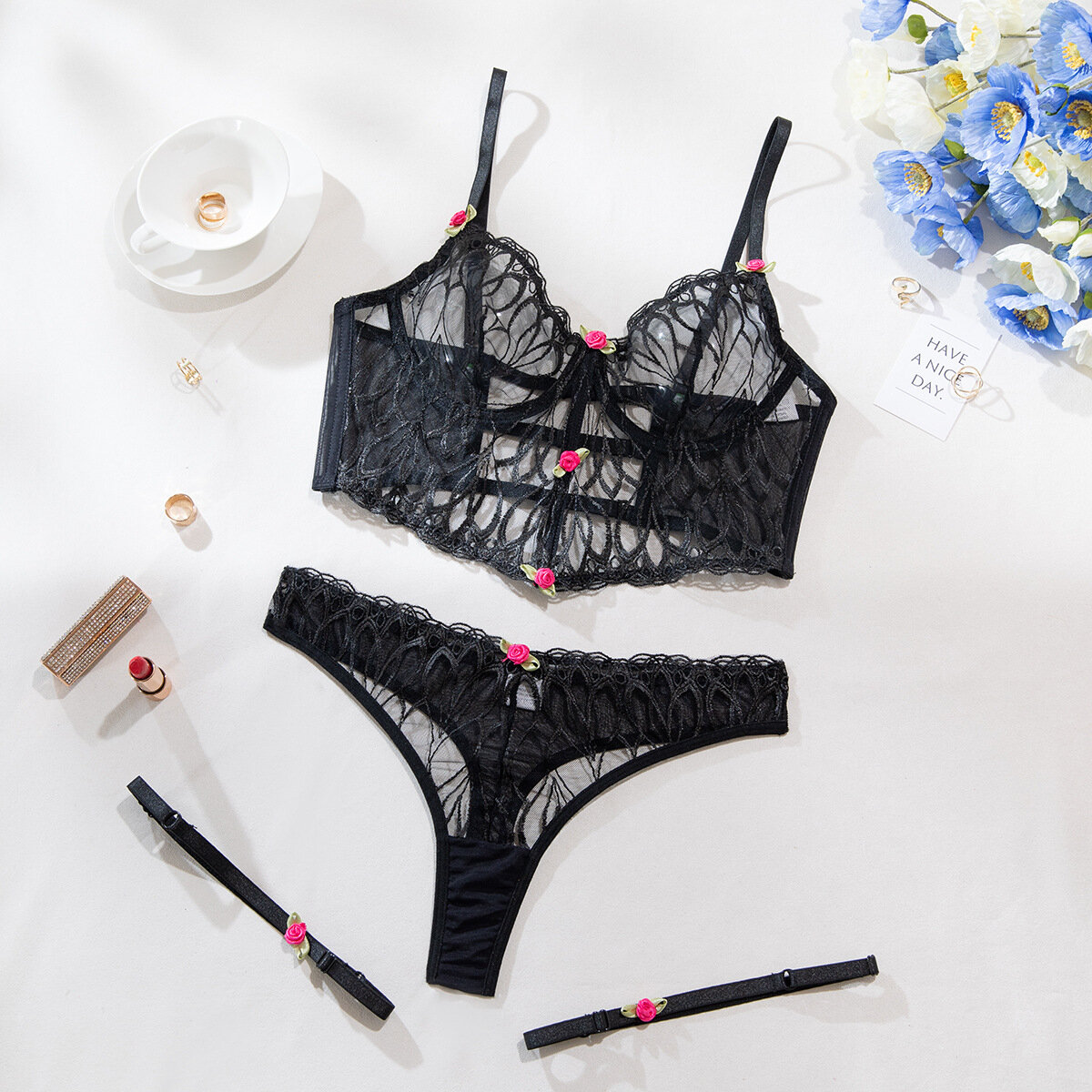 Комплект нижнего белья Aliexpress, сексуальный, с вышивкой, черный, размер M