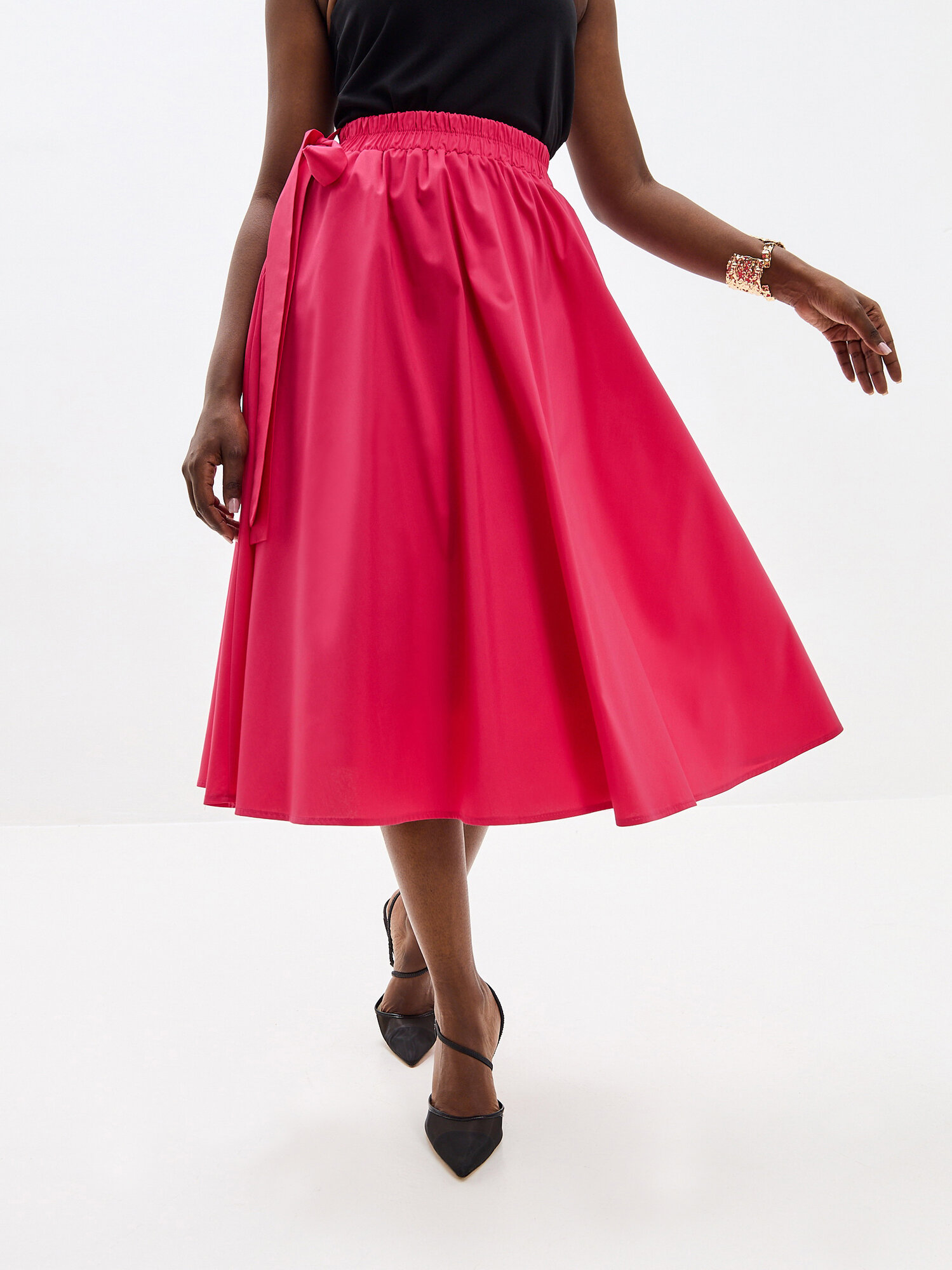 Юбка миди в складку на резинке хлопок малиновая, с подкладом, карманами и поясом