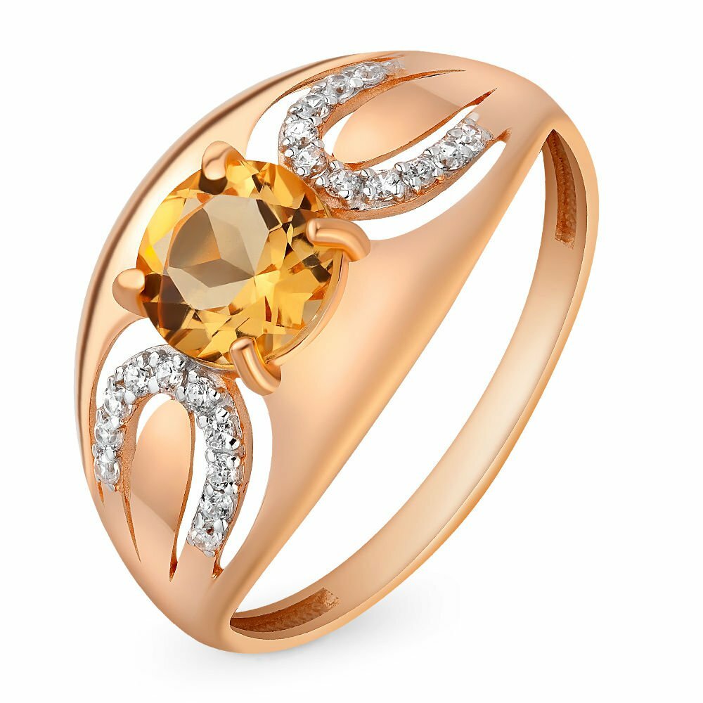 Кольцо, красное золото, 585 проба, родирование, цитрин, фианит
