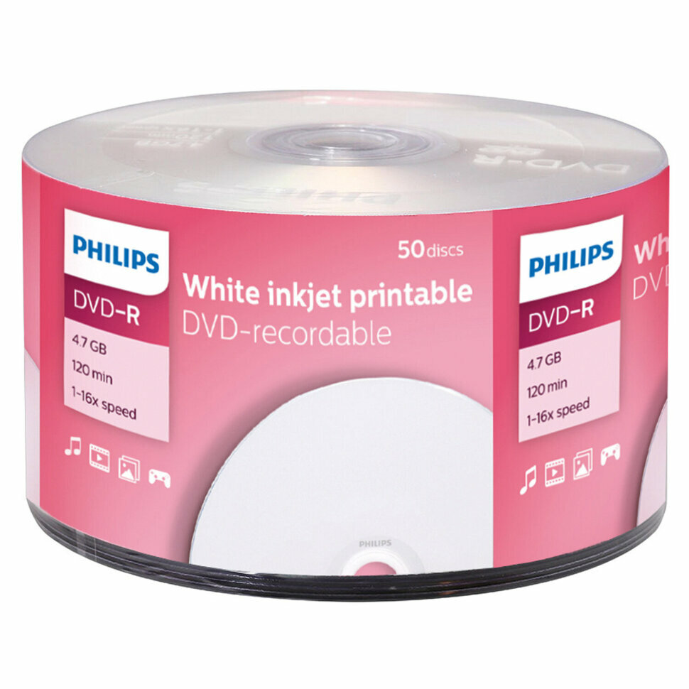 Диск DVD-R PHILIPS 4,7 Гб, 16x, Bulk (термоусадка без шпиля), поверхность для печати, комплект 50 шт, DM4I6U50F/97, 514195