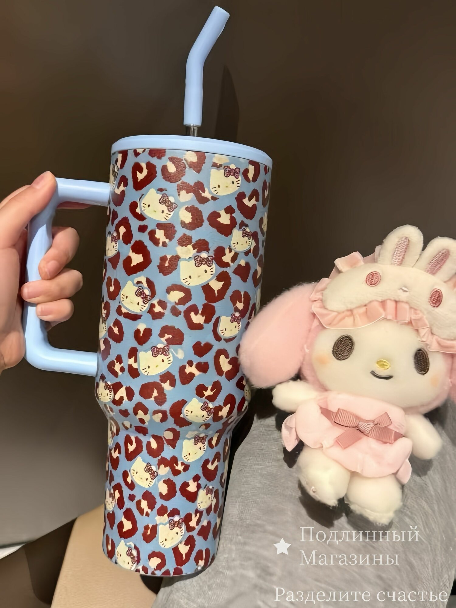 Термокружка "Hello Kitty", нержавеющая сталь, герметичная крышка, леопардовый принт, 1,2 л — фото 1
