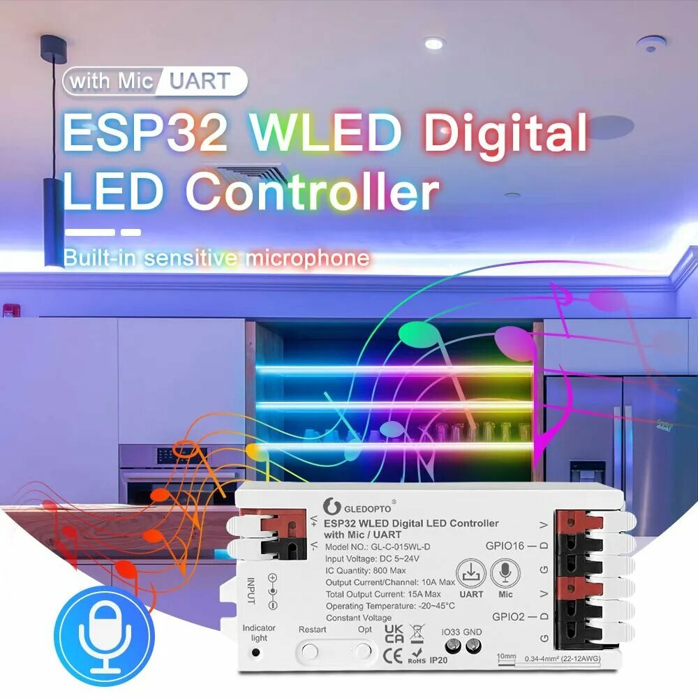 GLEDOPTO ESP 32 LED Светодиодный контроллер Микрофон UART Загрузка музыки Динамический звук RGB DIY WiFi WS2811 WS2812 SK6812 TM1814 WS2813 WS2815
