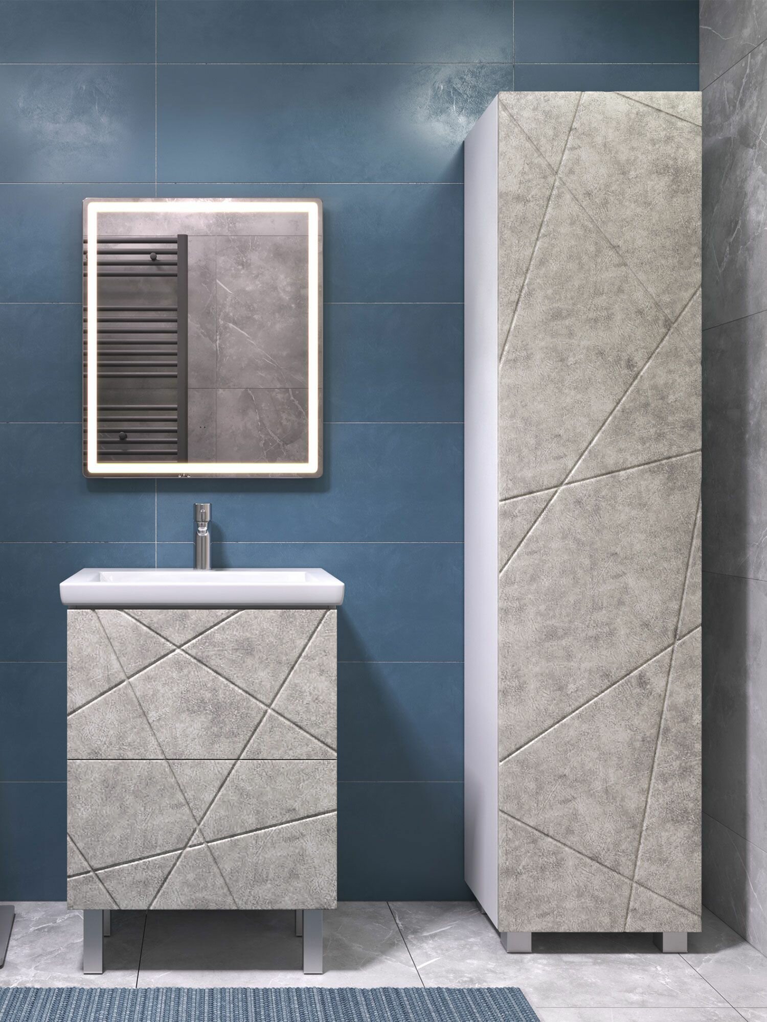 Мебель для ванной комплект Геометрия Комфорт, зеркало с подсветкой, тумба под раковину, шкаф-пенал, 105х45х189.8 см, Бетон