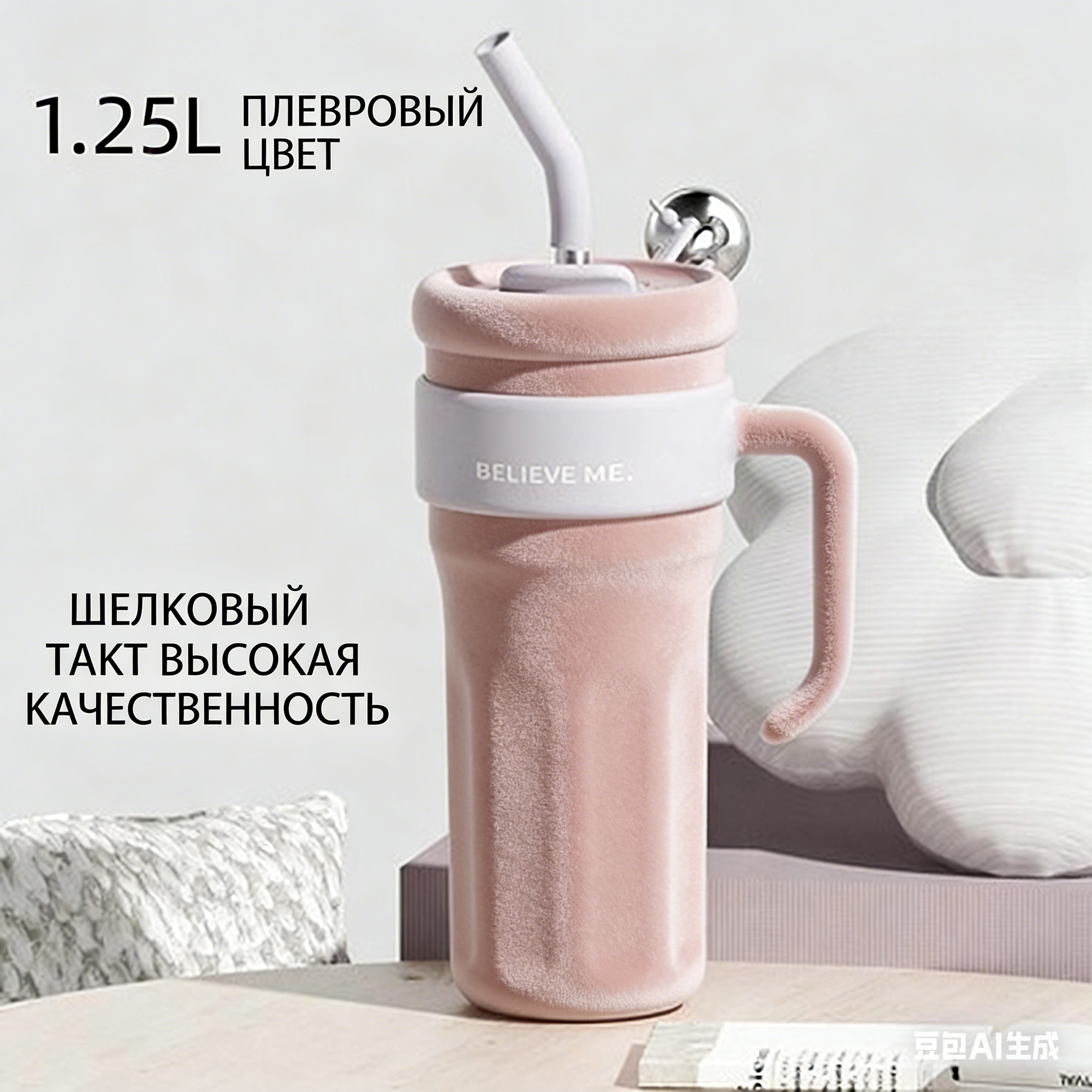 Изолированная чашка большой емкости, 1250 мл, светло-розовая, с ручкой