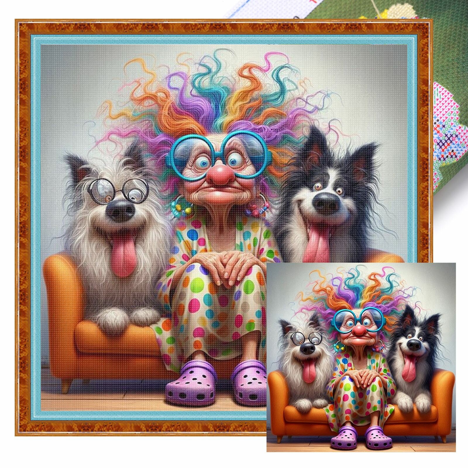 Вышивка крестом Бабушка с собакой, комплект 40 на 40 см, 11CT натуральный хлопок