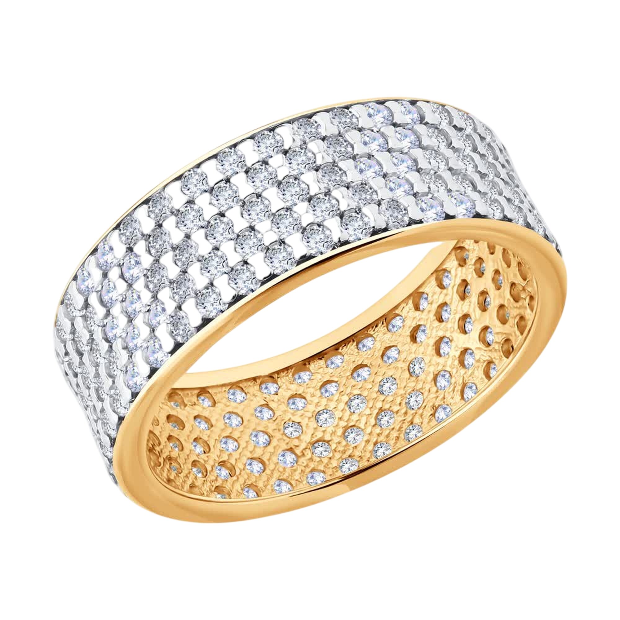 Кольцо дорожка, широкое, серебро, 925 проба, золочение, фианит