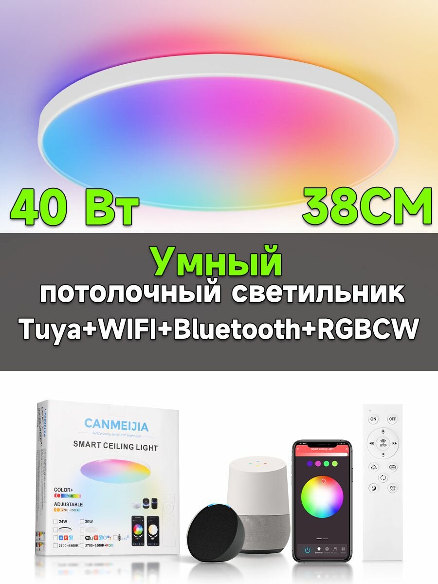 Умный потолочный светильник-люстра с RGB подсветкой, WIFI, пультом ДУ, 3000-6500К, белый 40 Вт