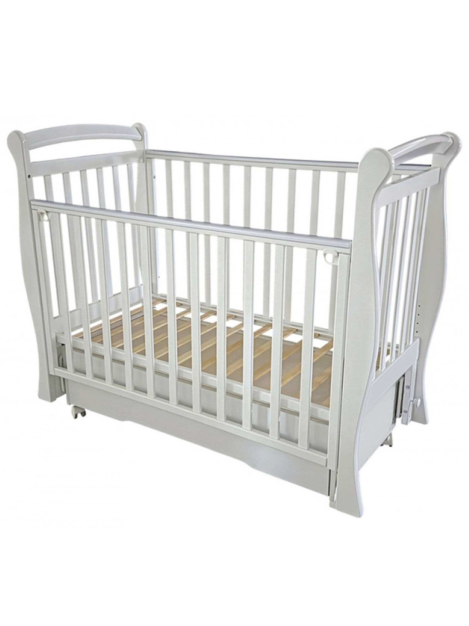 Кроватка детская для новорожденных Антел Эмили-1, универсальный маятник, ящик, колеса, массив березы, белый