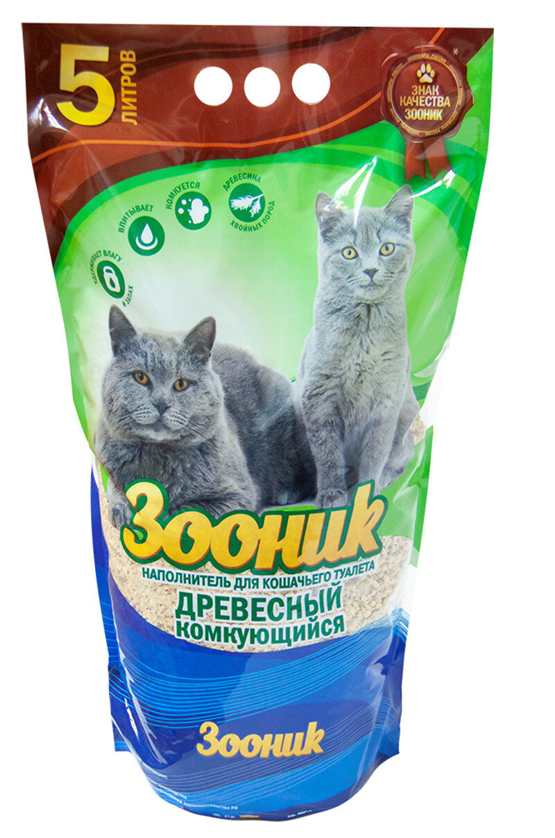 Наполнитель древесный комкующийся Зооник, 5 л 5 литров