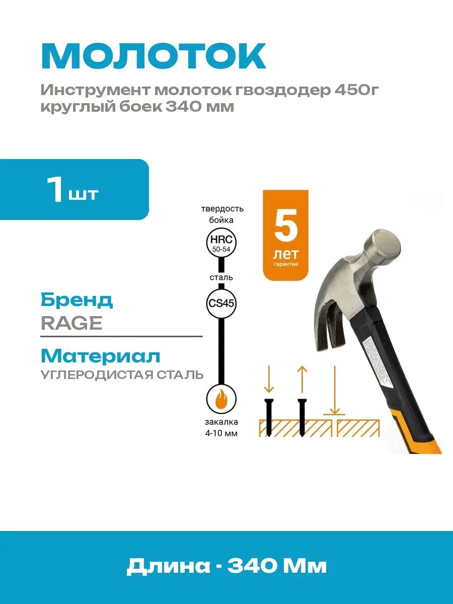 Молоток столярный с гвоздодером 450г двухкомпонентная ручка