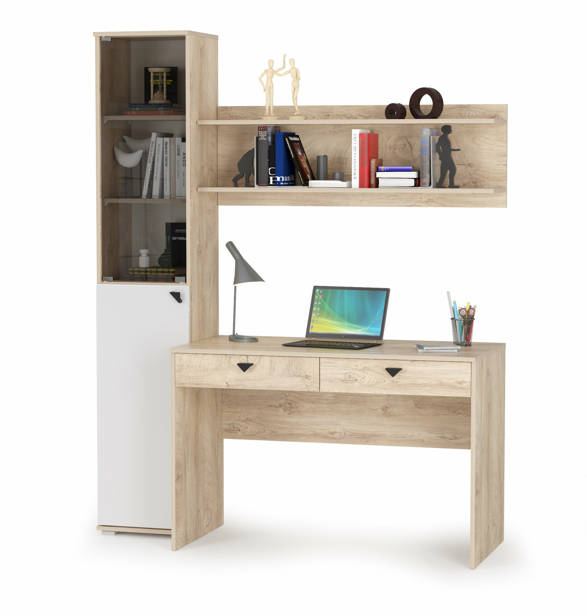 Стол компьютерный с полкой и шкафом-пеналом со стеклом Бостон цвет дуб эндгрейн элегантный/фасады МДФ милк рикамо софт