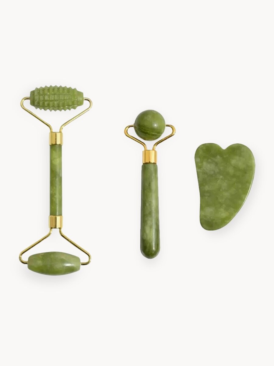 Набор 3в1: Ролик для лица, скребок гуаша и ребристый ролик из нефрита