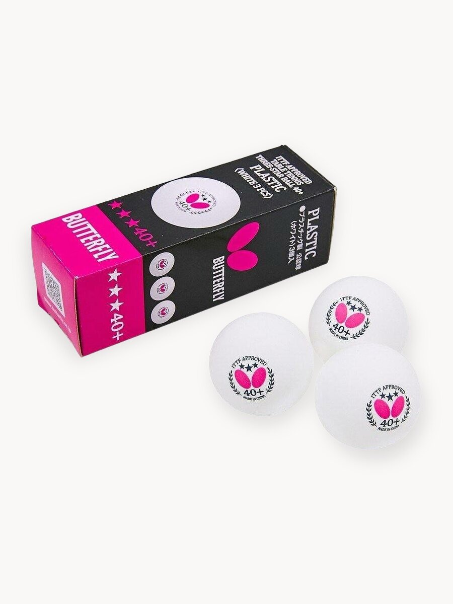 Мячи для настольного тенниса Butterfly 3* R40+ Plastic x3, White 3шт. белые