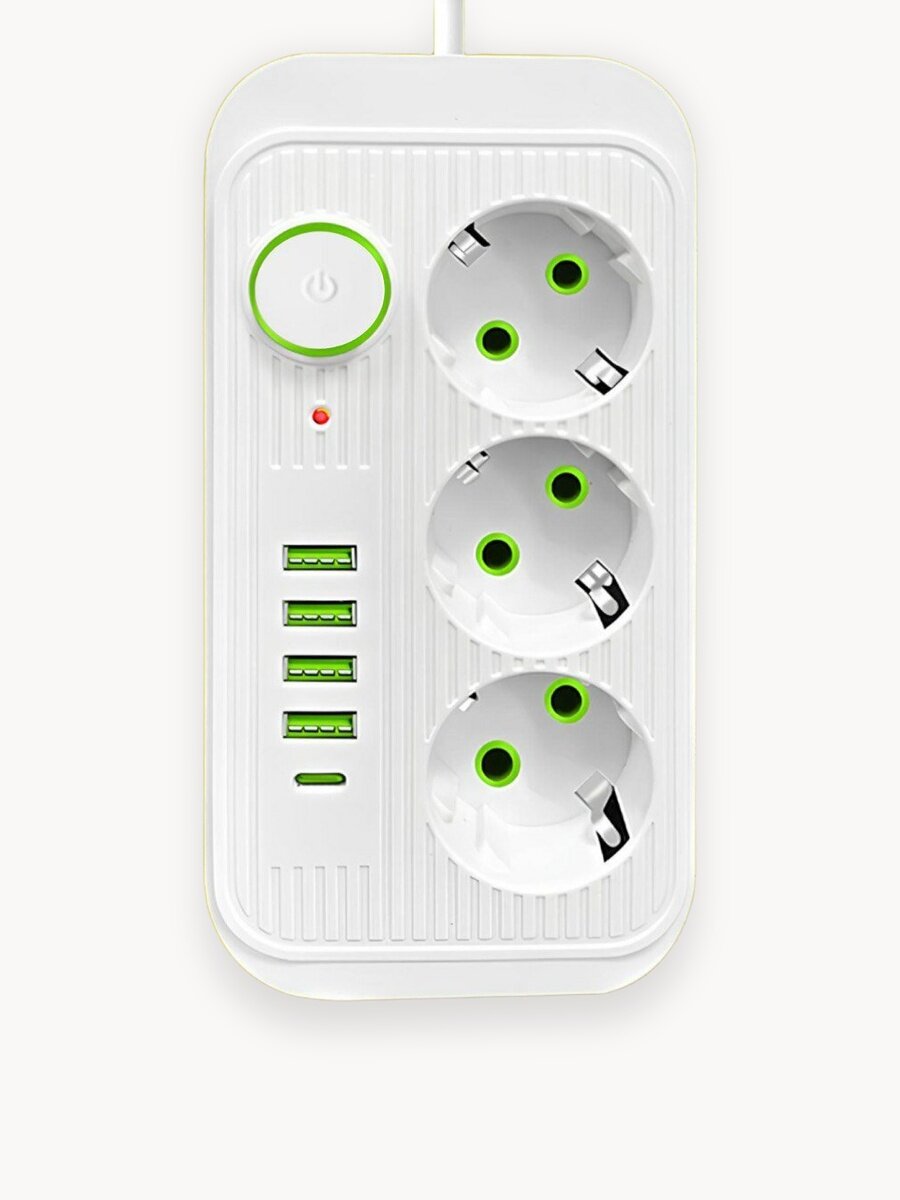 Удлинитель сетевой фильтр с предохранителем 2500 Вт, с usb 2 метра 3 розетки 4 USB 1 Type-C, с единым выключателем