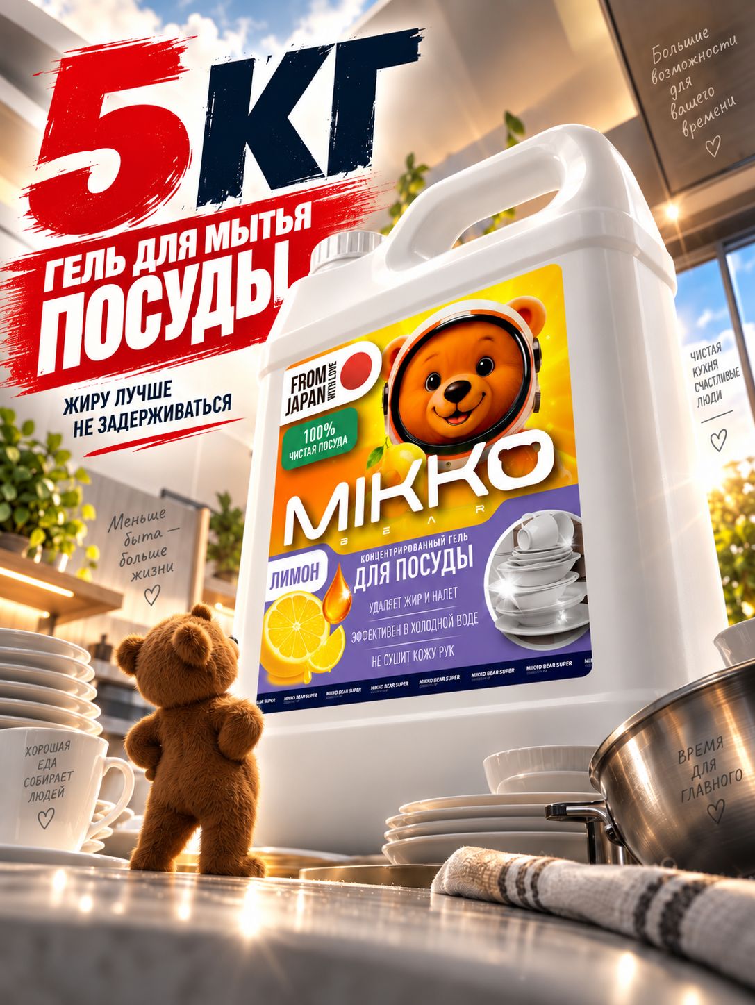 Средство для мытья посуды, гипоаллергенный эко гель для мытья посуды, MIKKO BEAR Лимон