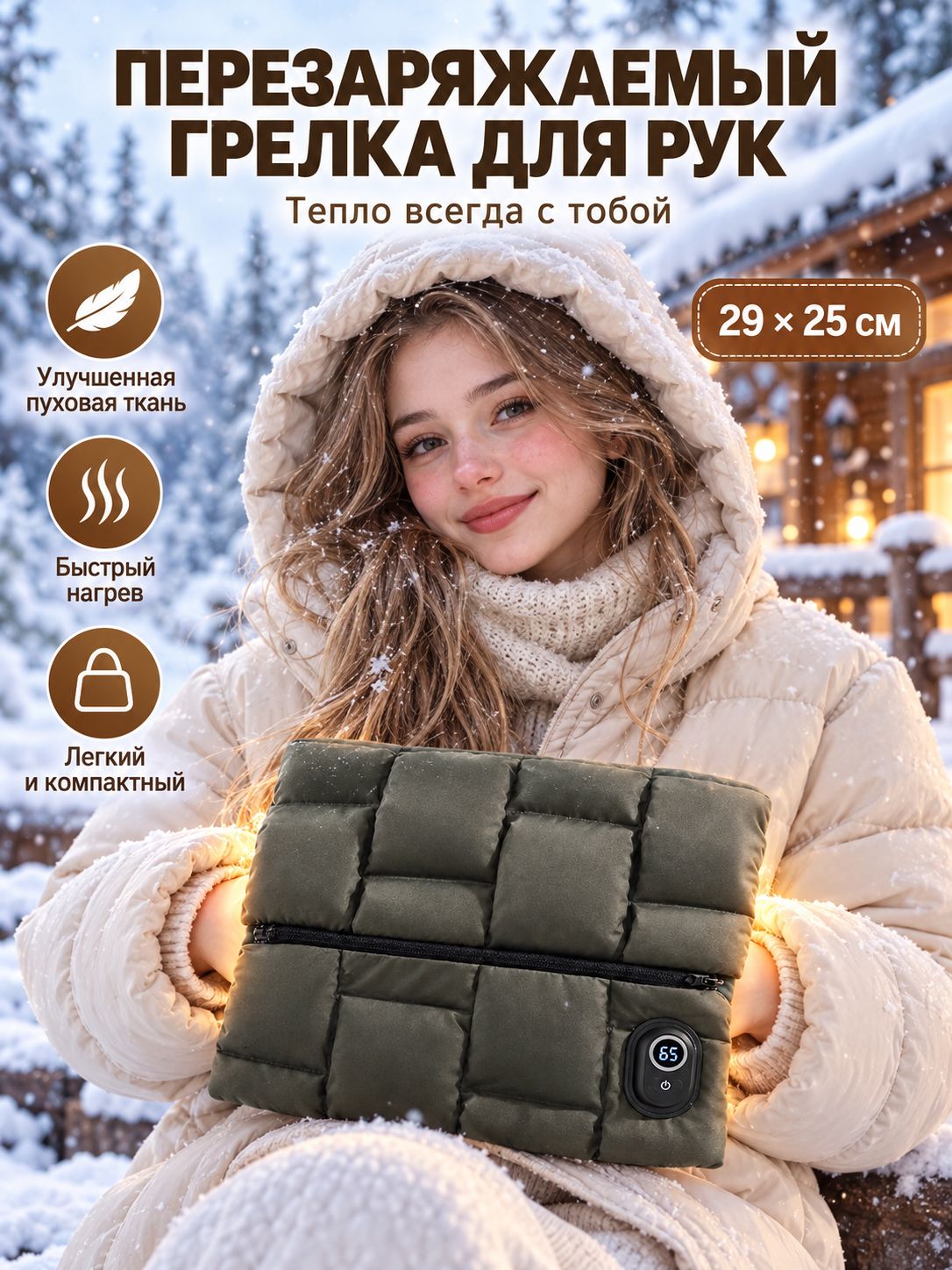 Перезаряжаемая грелка для рук 29х25 см, 5 Вт, USB подогрев, цифровой дисплей