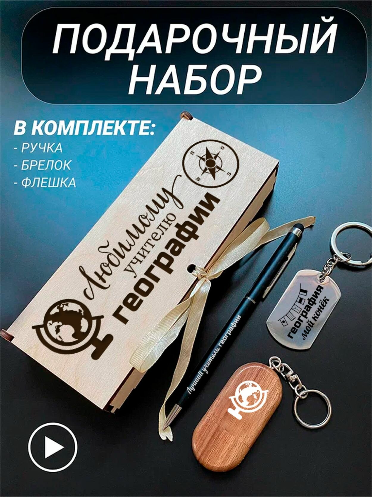 Подарочный набор 3 в 1 ручка, флешка, брелок для ключей/с гравировкой/1 Сентября/первокласснику/школьнику/день знаний/лучшая профессия/день рождения/папе/мужу/парню/сыну/любимому/новый год/Лучшему учителю географии