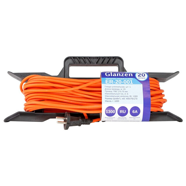 GLANZEN удлинитель силовой на рамке с 1 гнездом, ПВС 2х0,75 мм, 20 м, IP20, 6А, оранжевый