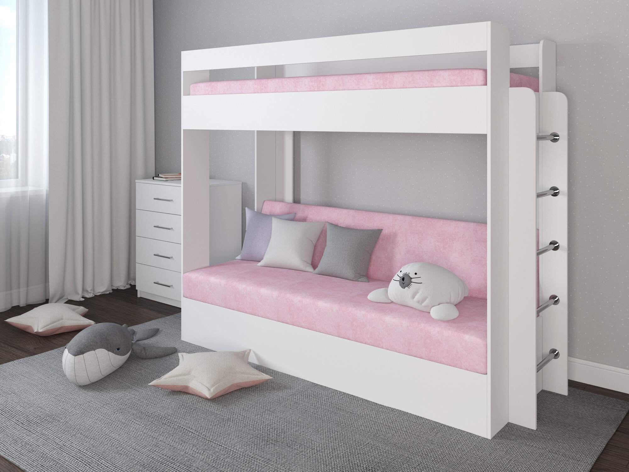 Кровать двухъярусная с диваном Есэндвич new Лаворо (Белый/Romance Rose)