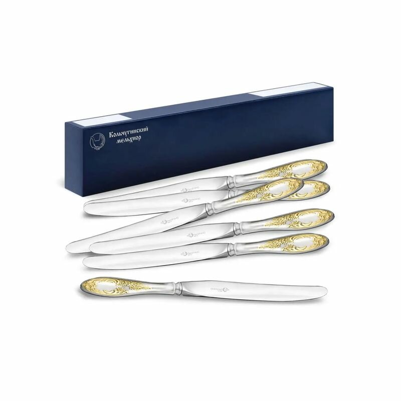 Кольчугинский мельхиор Набор столовых ножей "Жасмин" посеребрение позолота 6 пр. (КМ9340602)