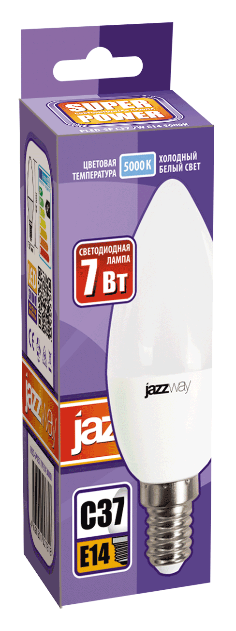 Лампа светодиодная PLED-SP 7Вт C37 свеча 5000К холод. бел. E14 560лм 230В JazzWay 1027832-2